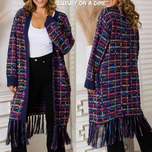Sweaters | Bold Retro Knit Colorful Fringe Hem Longline Duster Sweater ...